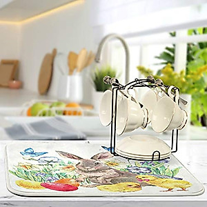 Easter Bunny Flowers Butterfly Chick Dish Drying Mat 24"x18" Absorbent Machine Washable Hanging Fast Dry Pad Dish Protective Mat for Kitchen Countertop Heat Resistant Dinner Table Mat