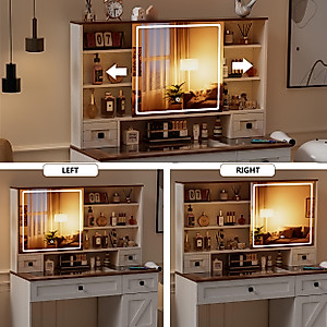 PAKASEPT Vanity Desk with Sliding Mirror and Lights, Glass Tabletop Makeup Vanity with 3 Lighting Modes, White Vanity Table with Power Strip&Hooks, Hidden Shelves, Girls Bedroom Vanities Set