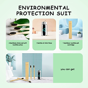 Y-Kelin Travel Toothbrush & Dental Floss Kit - 4 Pcs Bamboo Charcoal Soft Bristles Toothbrush Toothbrush with Toothbrush Case Holder & Natural Charcoal Dental Floss for Sensitive Adult Teeth