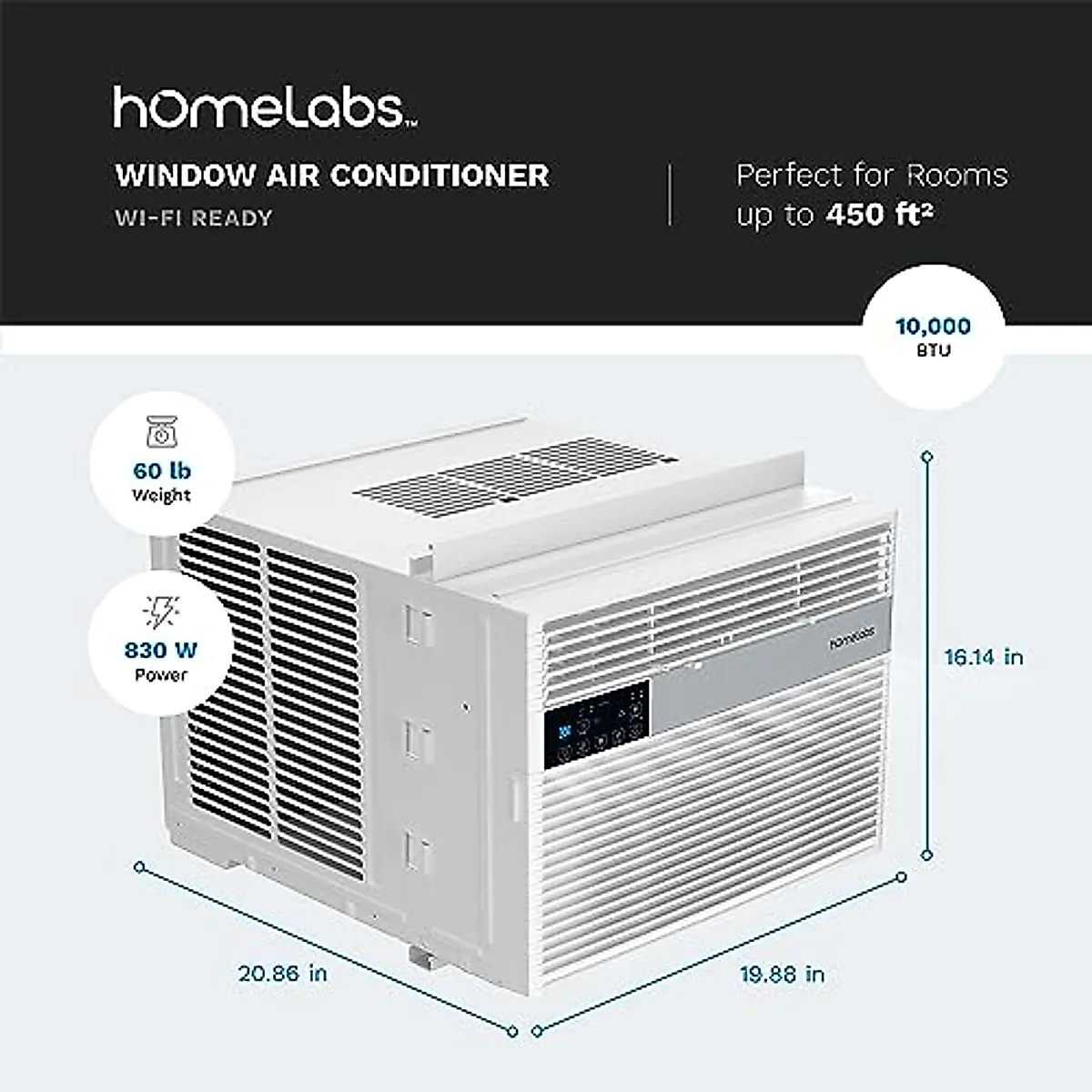 hOmeLabs Window Air Conditioner 10000 BTU - Smart Control, Eco Mode, LED Control Panel - Low Noise, Remote Control - Compatible with Alexa/Google Assistant - White - Ideal For Rooms up to 450 Sq. Ft.