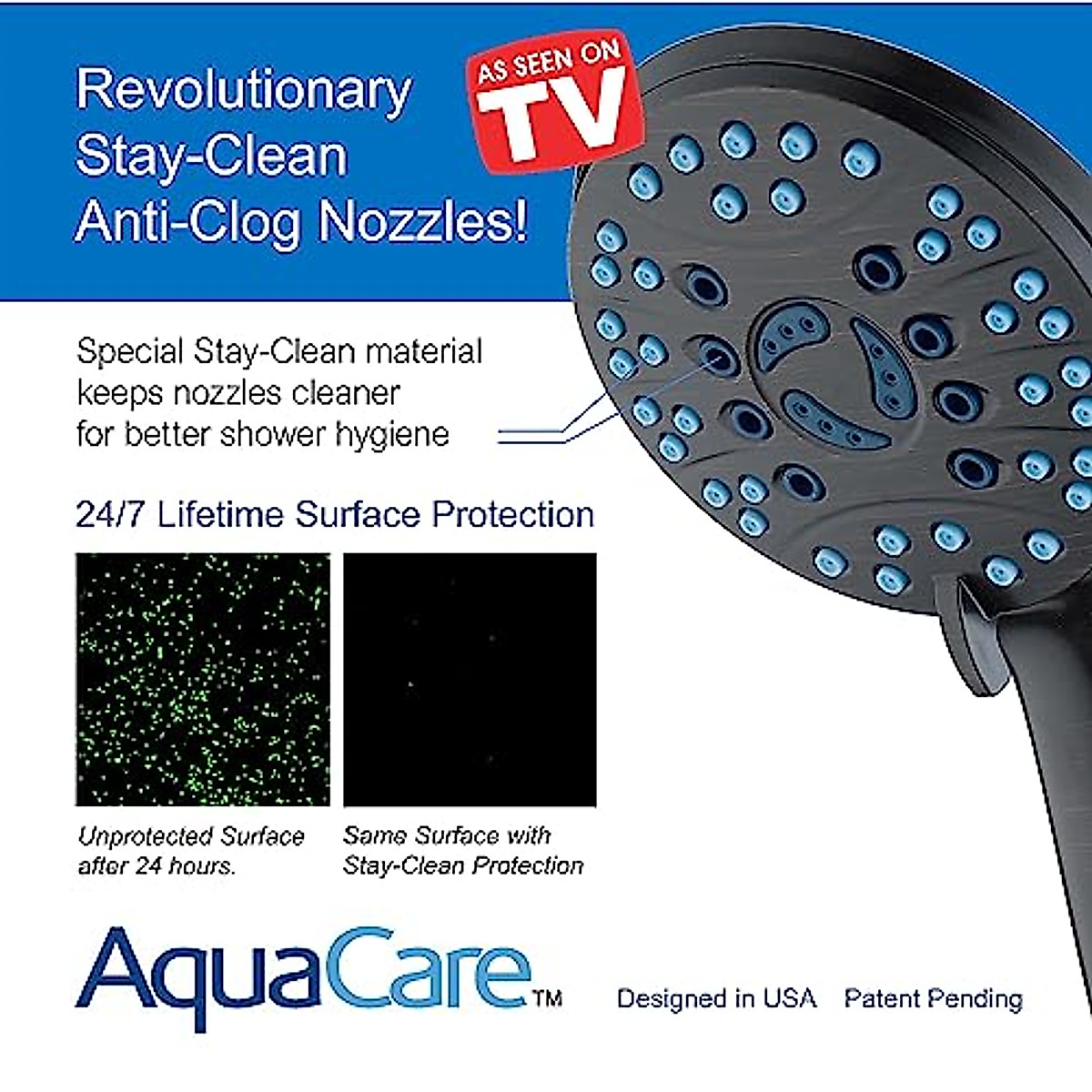 AquaCare High Pressure 8-mode Handheld Shower Head - Anti-clog Nozzles, Built-in Power Wash to Clean Tub, Tile & Pets, Extra Long 6 ft. Stainless Steel Hose, Wall & Overhead Brackets