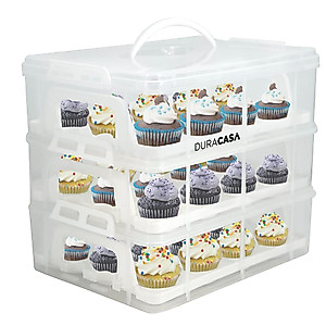 DuraCasa Cupcake Carrier, Cupcake Holder - Premium Upgraded Model - Store up to 36 Cupcakes or 3 Large Cakes - Stacking Cupcake Storage Container - Cookie, Muffin or Cake Carrier (White, Three Tier)