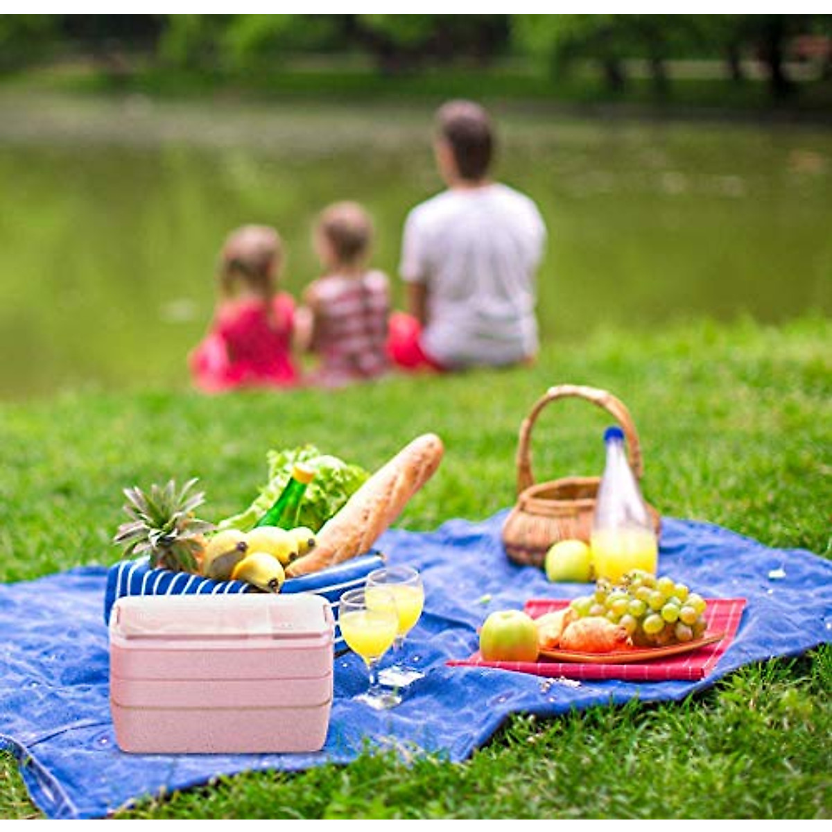 Bento Box Lunch Box for Adults Kids, AsFrost 3-In-1 Compartment Containers - Wheat Straw, Leakproof Eco-Friendly Bento Lunch Box Meal Prep Containers Microwave Safe (Pink)