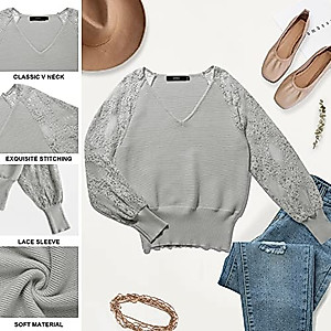 ZCSIA Women's Long Sleeve V Neck Lace Patchwork Solid Color Ribbed Knit Pullover Sweater Tops,SolidGrey,Small
