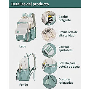 ooibnn Kawaii Backpack With Cute Accessories Spine Protection Anti-thief Cute Aesthetic Book Bag (Mint Green)