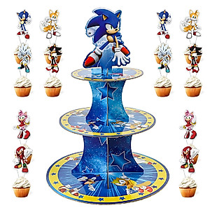Cupcake Stand for Sonic Birthday Party Supplies with 12pcs Sonic Cake Toppers, Sonic Cupcake Holder for Birthday Decorations,3 Tier Cupcake Stand for 24 Cupcakes, Blue Dessert Stand for Kids Cake