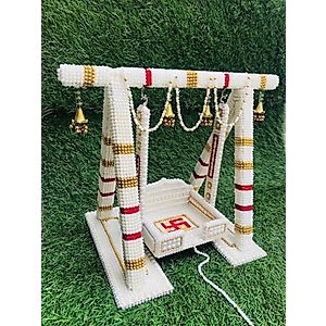 Wooden Jhula with BeautifulLaddu Gopal Jhula for Pooja & Home Decor Pearl Design Handmade Wooden Laddu Gopal Jhula/Swing (Foldable) White Color 33 cm