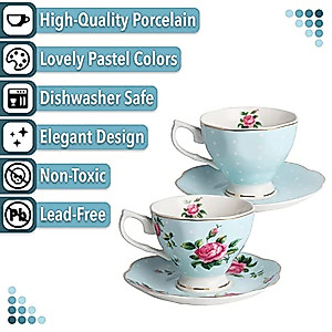 BTaT- Floral Tea Cups and Saucers, Set of 2, 8oz, with Gold Trim and Gift Box, Coffee Cups, Floral Tea Cup Set, British Tea Cups, Porcelain Tea Set, Tea Sets for Women