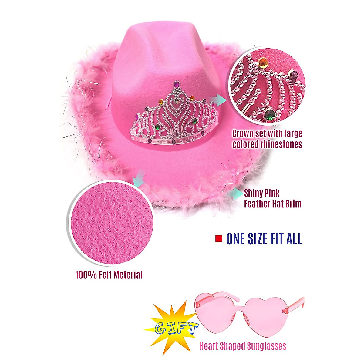 JIANGLAI Cowboy Hat with Heart Shaped Sunglasses, Feather Cowgirl Hat for Halloween, Bachelorette Party (Pink)