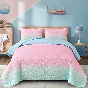 Pink Quilt Set Queen Ombre Blue Pink Mint Quilt Sets Kids Girls Bedding Set 3PCs Summer Reversible Lightweight Microfiber Bedspread Coverlet Sets for All Season (96''x90'')