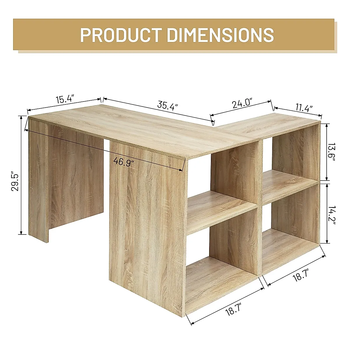 FurnitureR Home Office L-Shaped Computer Desk with Storage Shelves, 47" and 35" Corner Desk Space-Saving Writing Table Gaming PC Workstation (Light Brown)