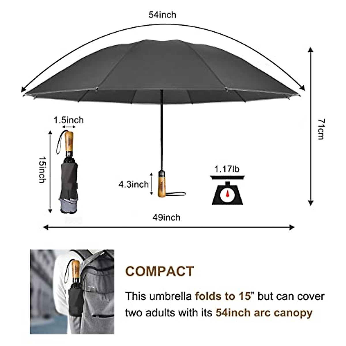 LEAGERA Sun Umbrella UV Protection Compact Windproof Reverse Umbrella for Rain - 54 inch Portable Automatic Open and Close Folding Inverted Car Travel Umbrella with Wooden Handle for Men,Black