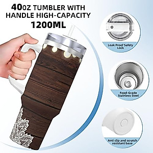 Xiexide 40oz Fits Cup Holder Travel Rustic Western Country Brown Lace Floral Wood Double Walled Vacuum Insulatedith Handle And Straw,Hot & Cold Drinks