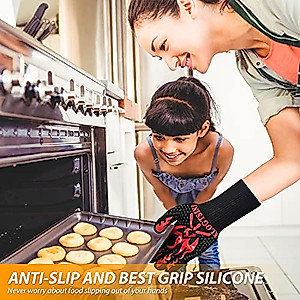 BBQ Gloves, Grill Gloves 1472°F Extreme Heat Resistant, Silicone Non-Slip Oven Gloves for Barbecue, Cooking, Baking, Smoker, Cutting (Red)