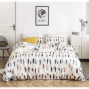 YuHeGuoJi Feather Patterned Duvet Cover King 100% Cotton White Bohemian Duvet Cover 3 Pcs Set 1 Brown Bird Plume Duvet Cover with Zipper Ties 2 Pillowcases Vintage Bohemian Animal Print Bedding Soft