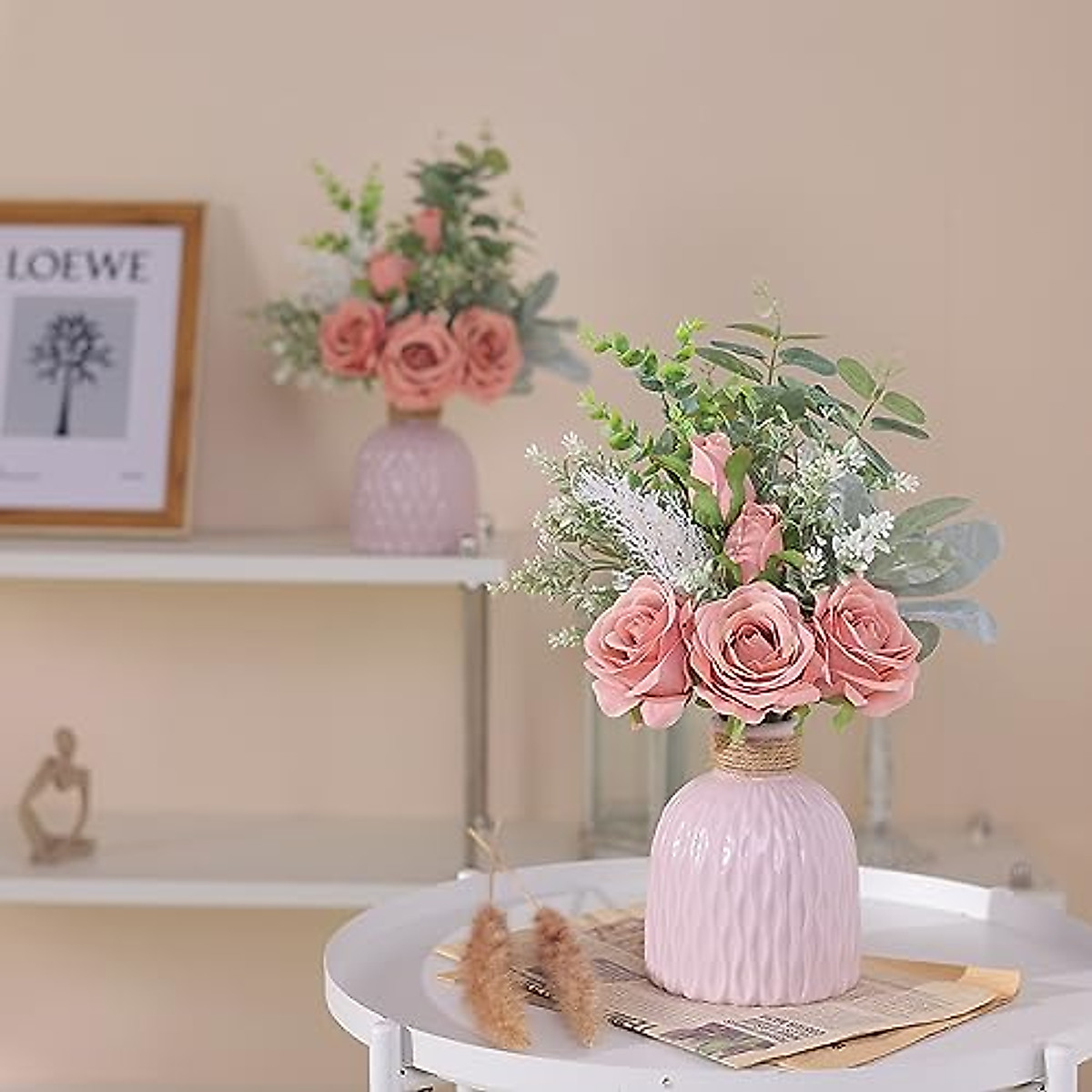 Artificial Flowers with Ceramic Vase,Faux Silk Roses and Fake Plant Eucalyptus in Vase for centerpiece table decorations, living room,dining table,fireplace,office,farmhouse,home decor(Dusty Pink)