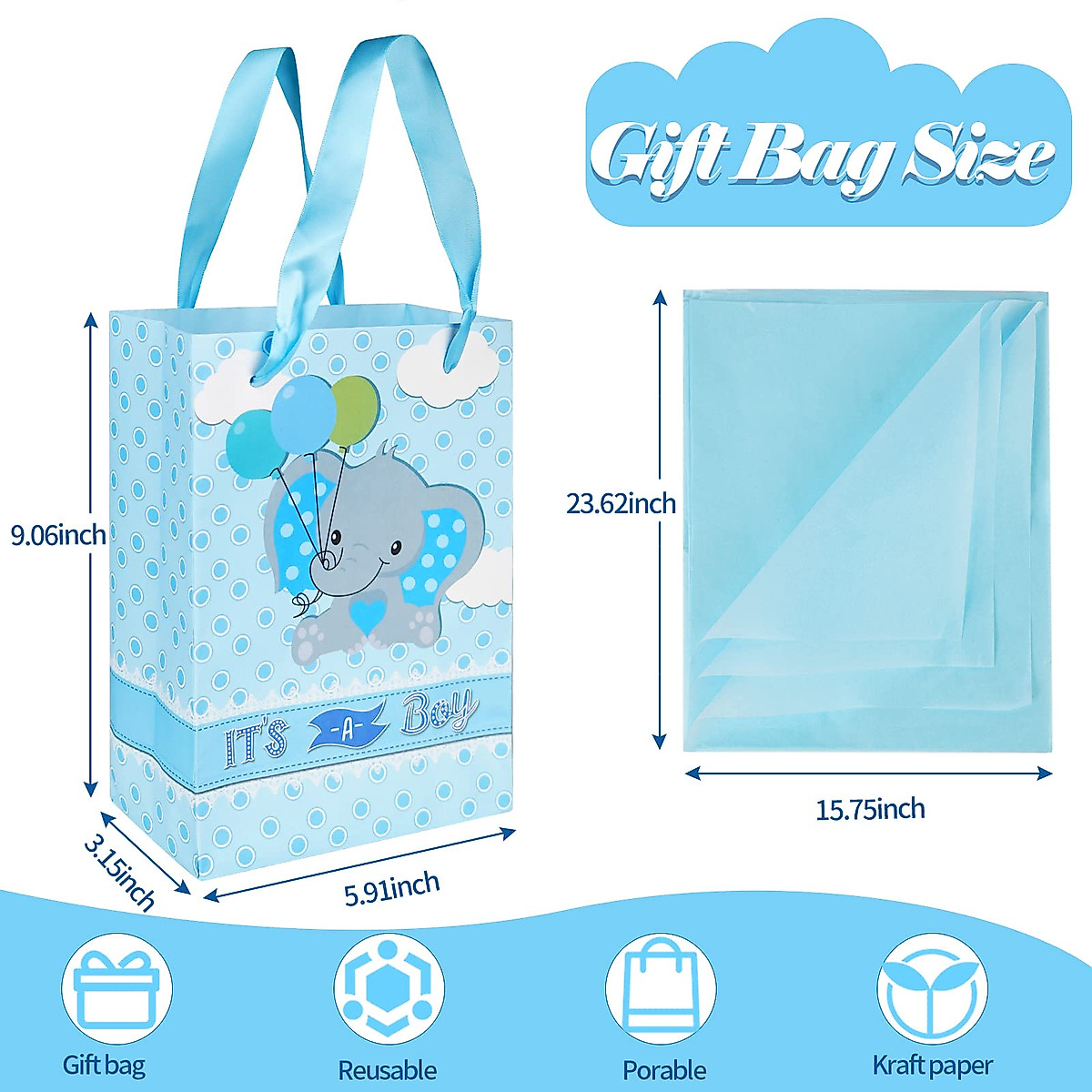 Dragonfy 16 PCS Baby Shower Bags for Boys - Medium Paper Gift Bags with Gift Wrapping Paper, Baby Shower Party Favors for Guests Baby Birthday Treat Bags(It’s a Boy!), blue