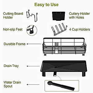 GSlife Dish Drying Rack with Drainboard - Dish Racks for Kitchen Counter with 12 Plate Slot and Cup Holder, Dish Rack with Cutting Board Holder and Higher Tray Feet, Utensil Holder with Spout, Black