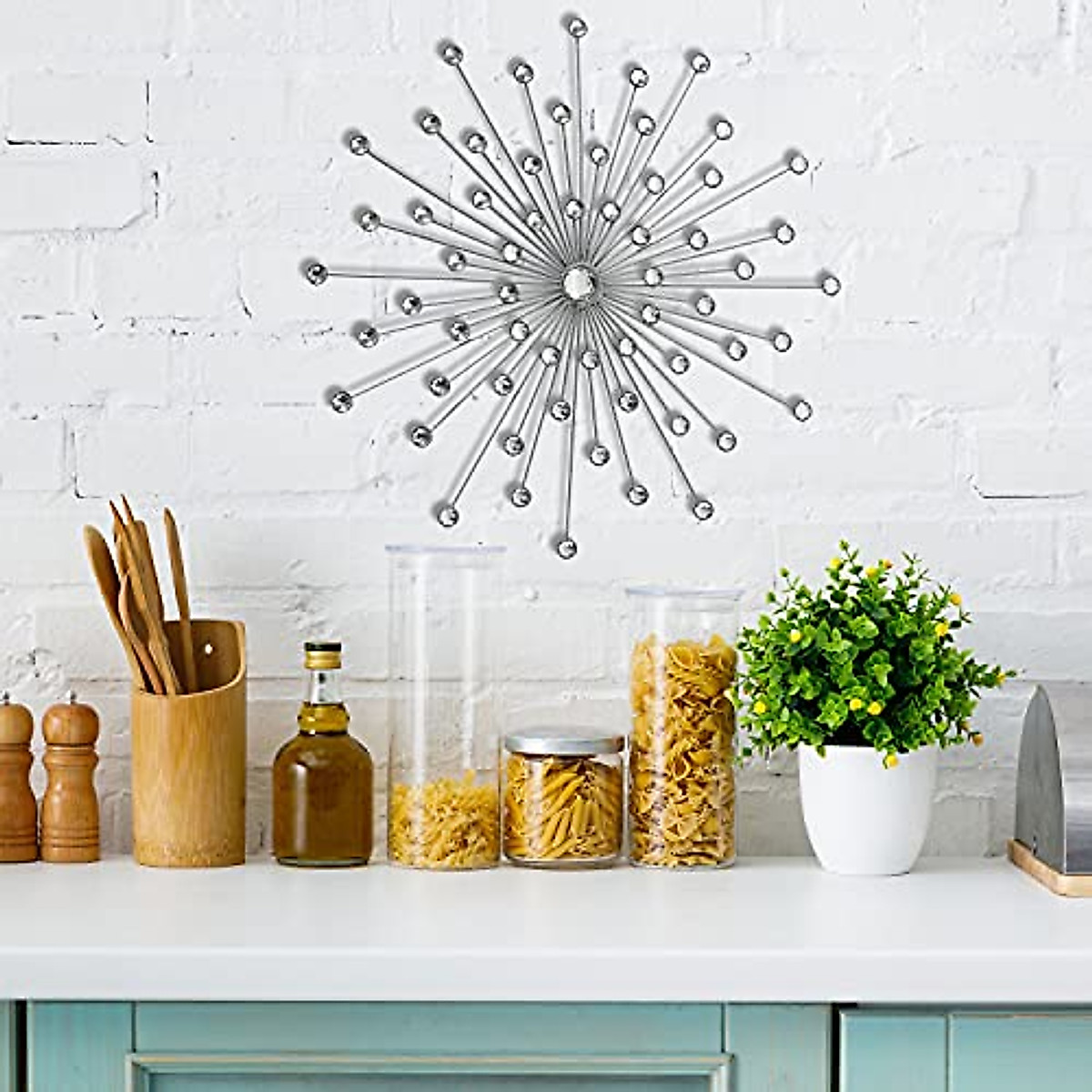 WHW Whole House Worlds Brilliant Burst Wall Decor, Silver Metal, Powder Coated Iron, Inset Acrylic Faux Diamonds, Integrated Keyhole Hanger, 19 Inches Diameter, 1.25 Deep, Height 1.1