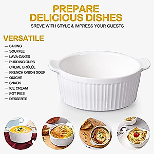 Delling Ramekins with Handle, 6 PACK Soup Bowls for French Onion Soup, Pot Pie, Lava Cakes, Creme Brulee, 12 Oz Porcelain Souffle Dish for Baking, White