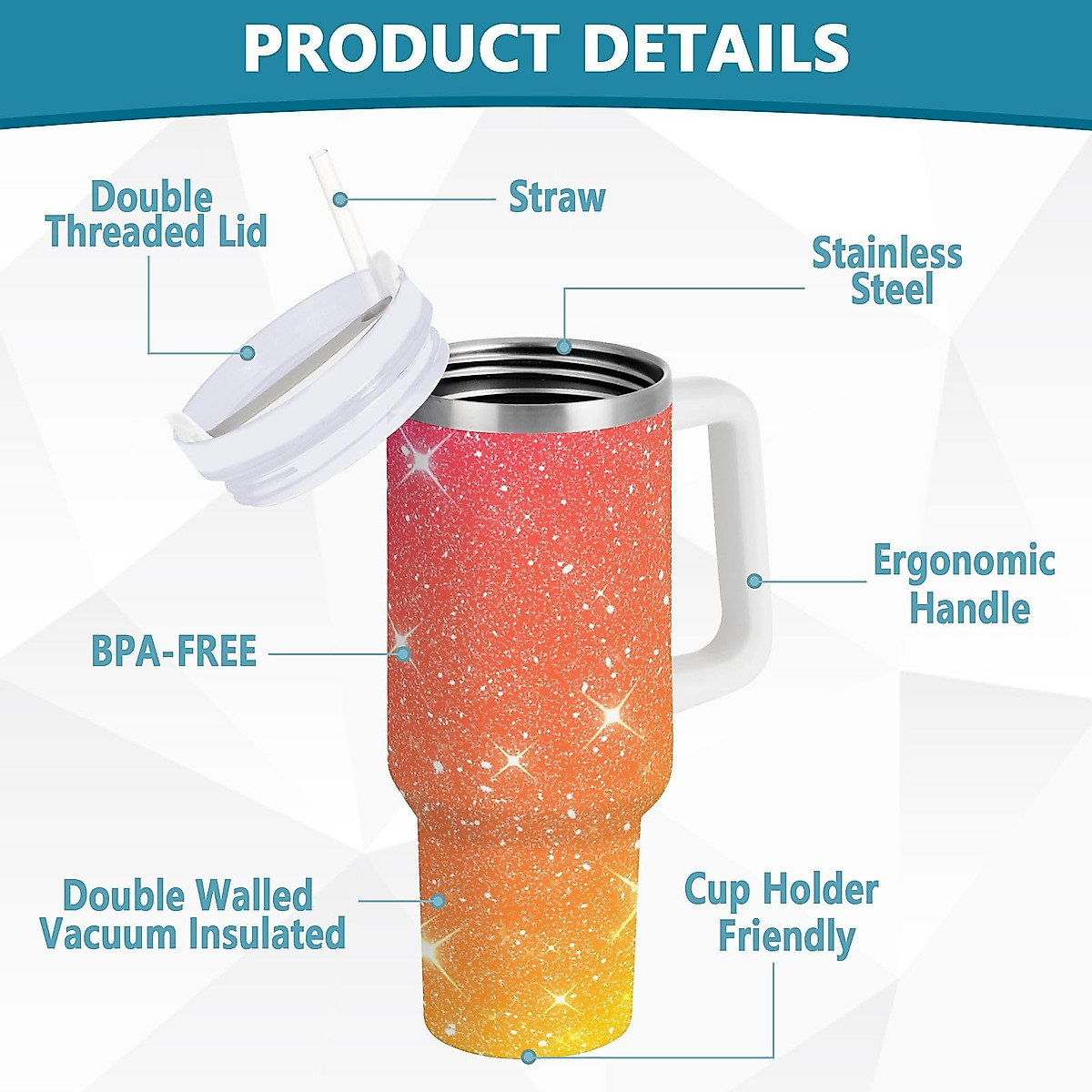 Orange Glitter Insulated Cup with Handle Tumbler Cups Reusable Stainless Steel Tumbler