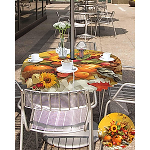 Huotupsine Fall Thanksgiving Outdoor Tablecloth - 60 Inch Round Dining Table Cover, Pumpkins Birds Sunflower Oil Painting Waterproof Outdoor Table Cloth with Umbrella Hole & Zipper for Picnic/Patio