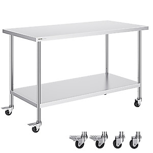 VEVOR Stainless Steel Work Table 30 x 60 x 38 Inch, with 4 Wheels, 3 Adjustable Height Levels, Heavy Duty Food Prep Worktable for Commercial Kitchen Restaurant, Silver