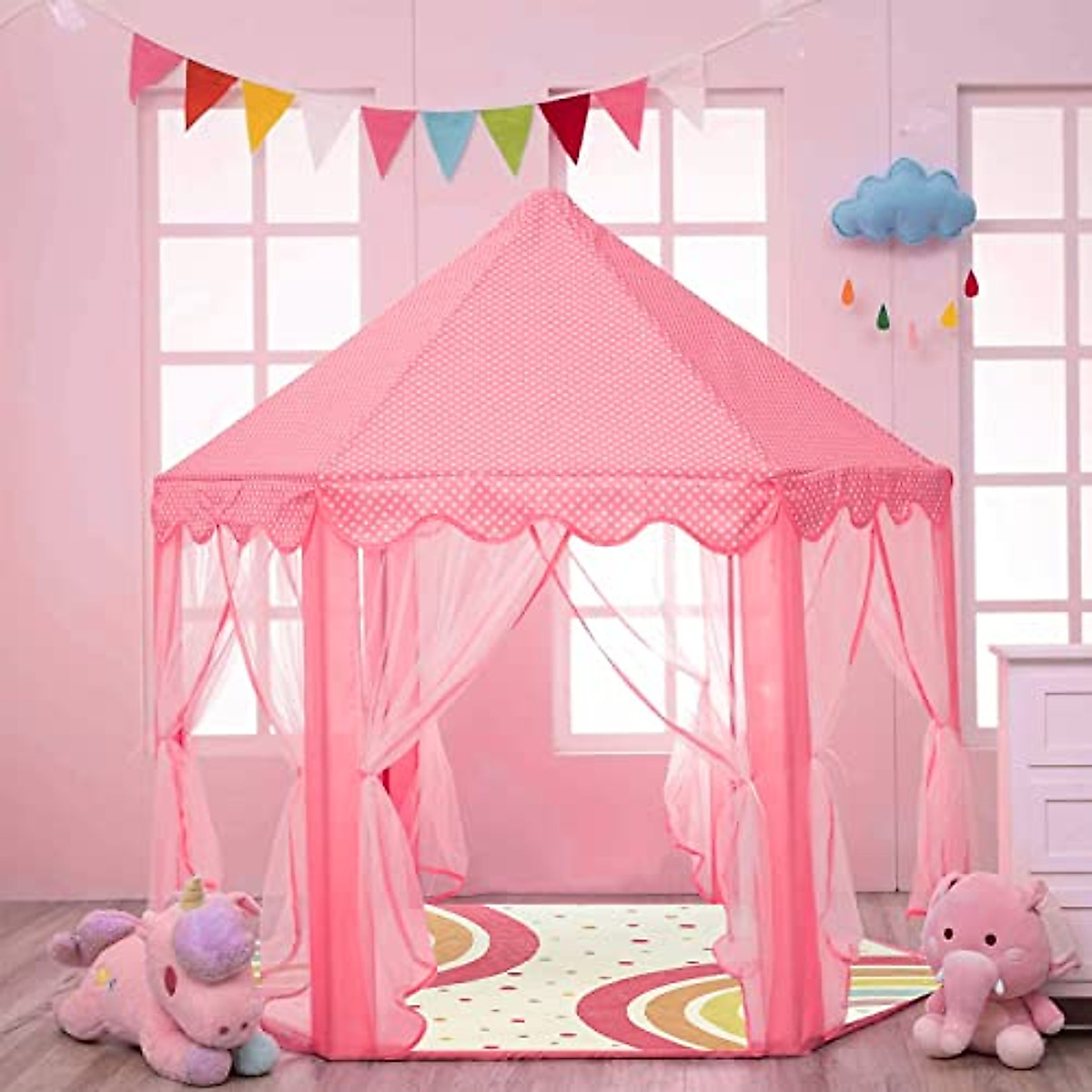 STARUIA Rainbow Rug for Baby Girls Bedroom,55"x47" Washable Area Rug for Princess Tent Castle,Hexagon Non-Slip Nursery Rug Ultra Soft Play Carpet for Kids Room Playpen Dorm