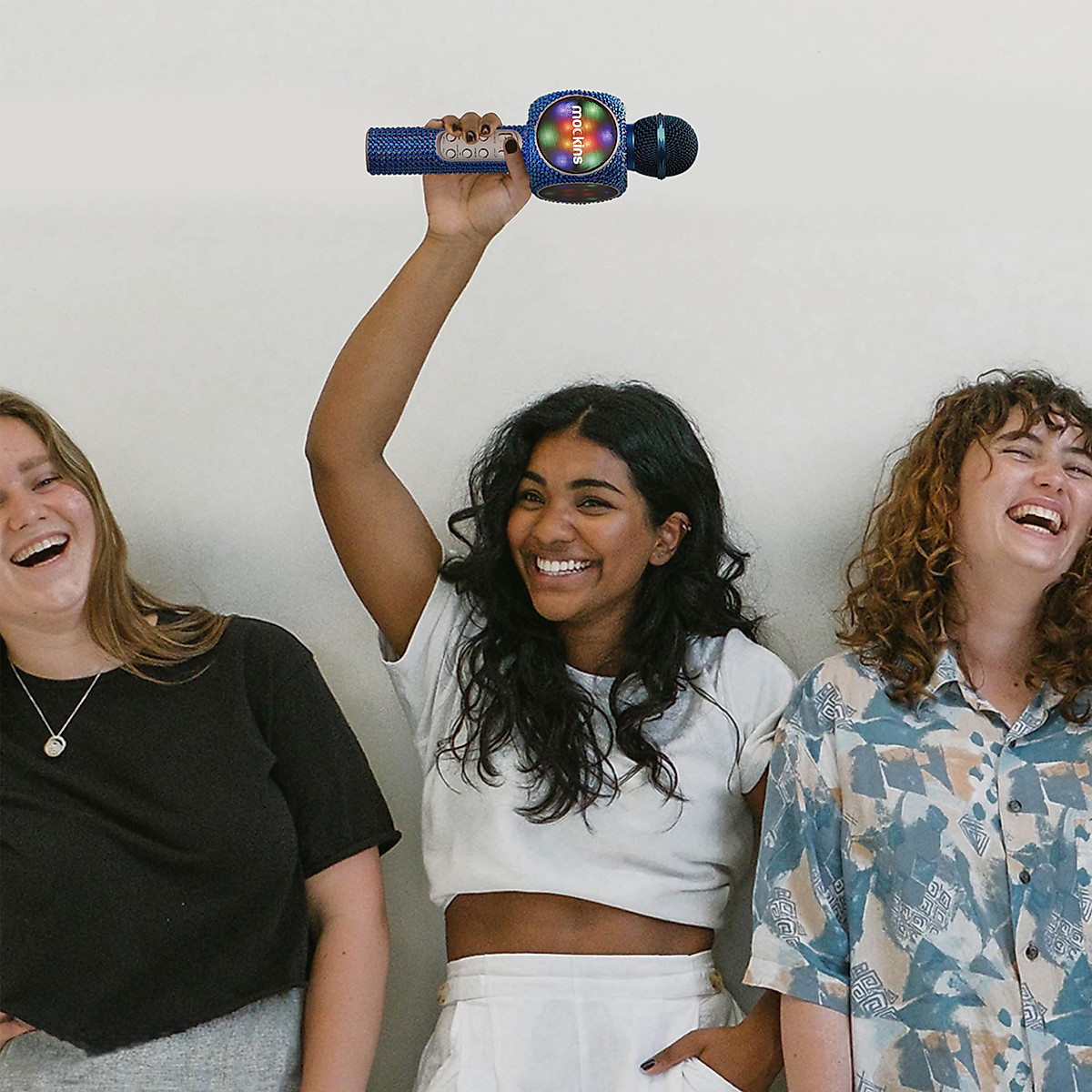 Mockins Blue Bling Karaoke Microphone for Kids | Wireless Mic with Voice Changer & LED Lights | Portable Microphone for Singing w/ Cable & Carry Case