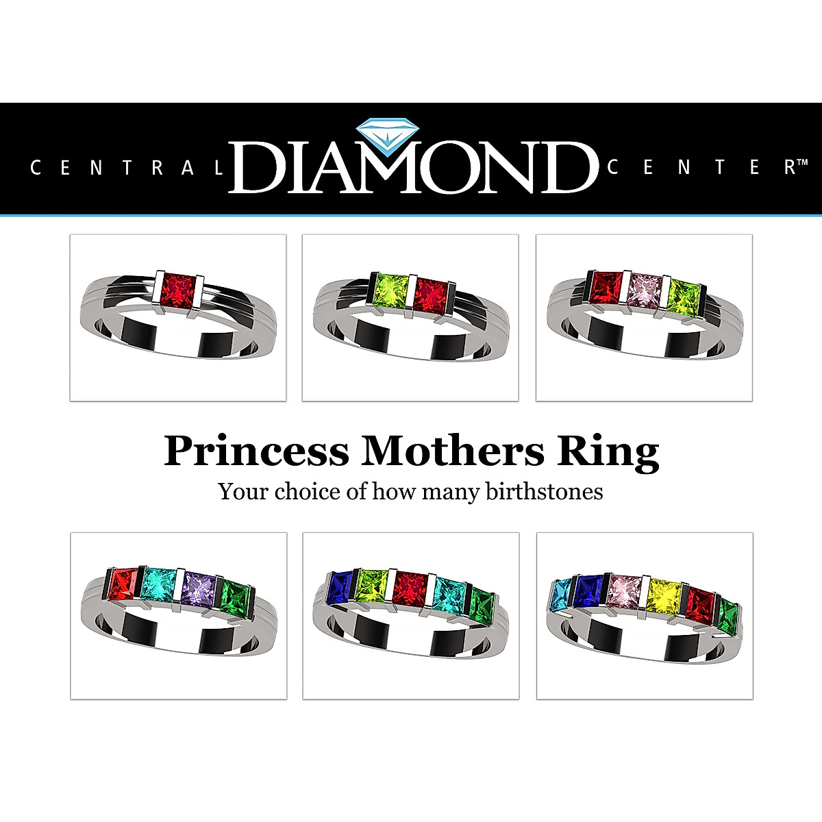 Central Diamond Center Princess Channel Set Mothers Ring with 1 to 6 Simulated Birthstones - Silver - Size 8