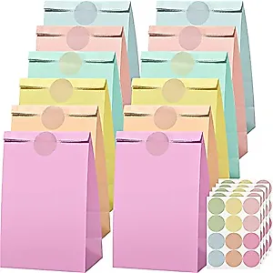 60 Pack Pastel Paper Gift Bags with 60 Dot Labels 5.1 x 3.2 x 9.5 Inch Party Favor Bags Assorted Pastel Stickers Pastel Goodie Bags Paper Treat Bags for Birthday Baby Shower Wedding Anniversary Supply