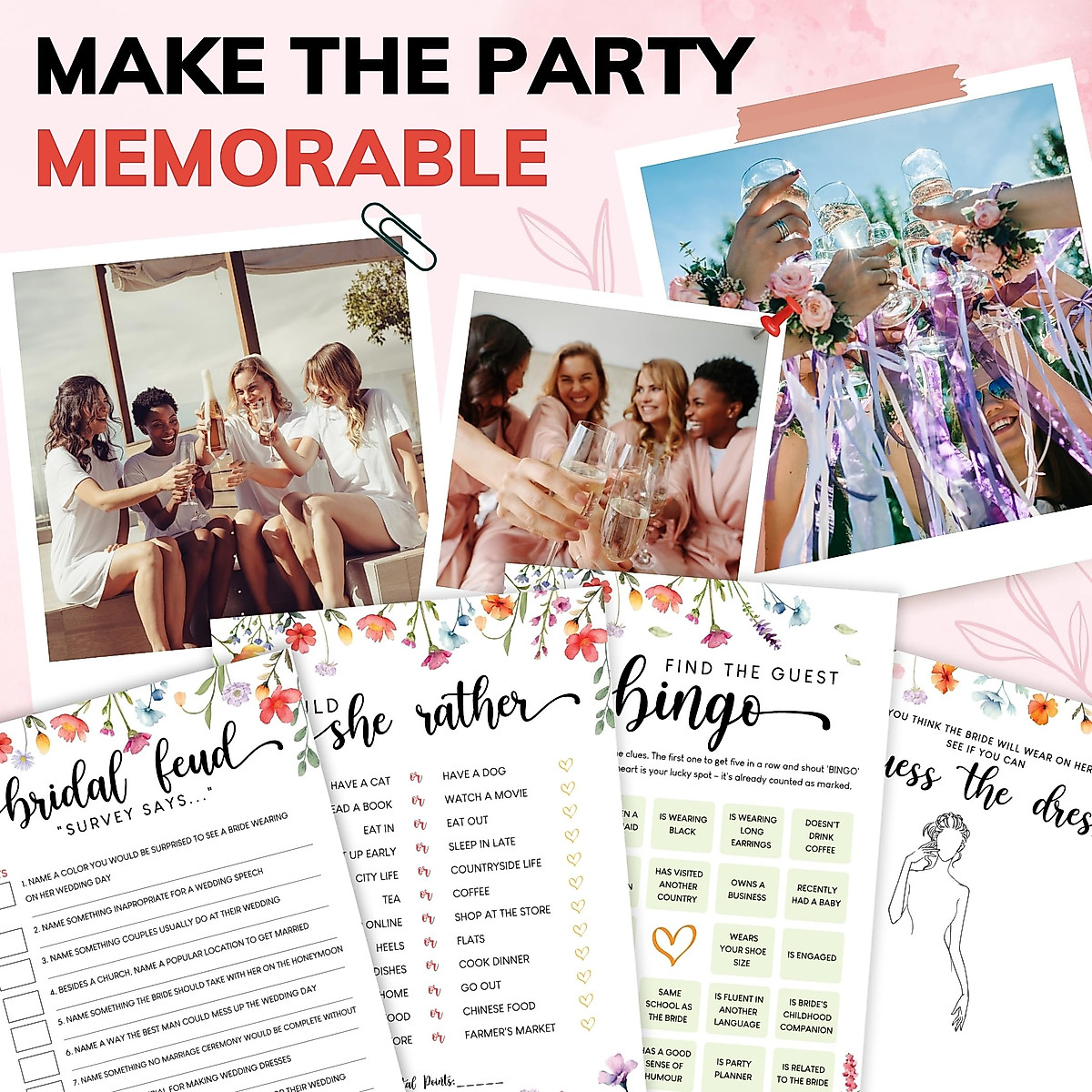 STOFINITY Hilarious Bridal Shower Games 30 Guests - Set Of 4 Couples Wedding Shower Games For Wildflower Bridal Shower Decorations, Fun Bridal Shower Bingo Game Cards, Floral Bridal Party Games (5x7)