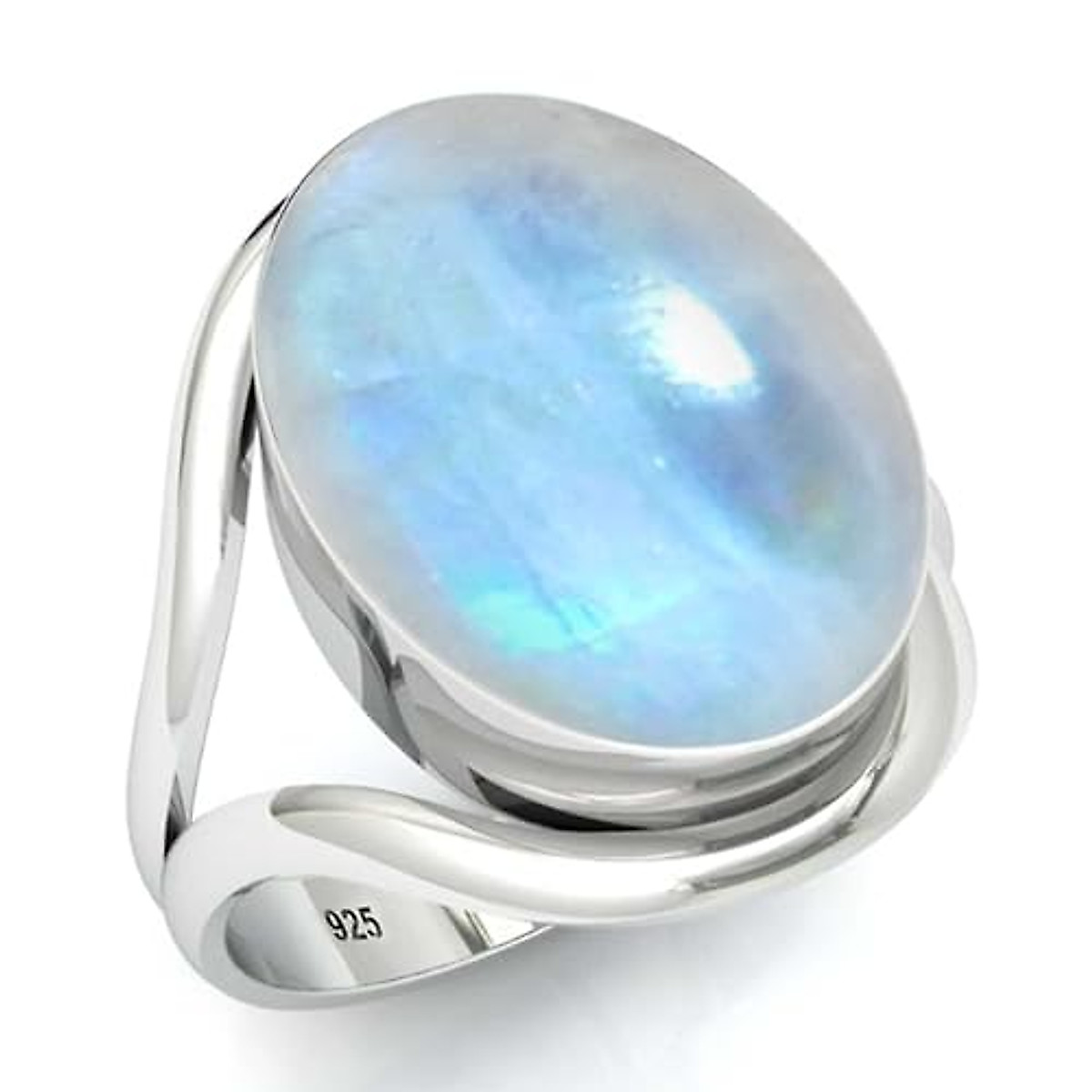 JEWELOPORIUM 925 Sterling Silver Ring for Women Size 8.5 White Natural Rainbow Moonstone Stone Solitaire Silver Ring Christmas - Gift Costume Jewelry
