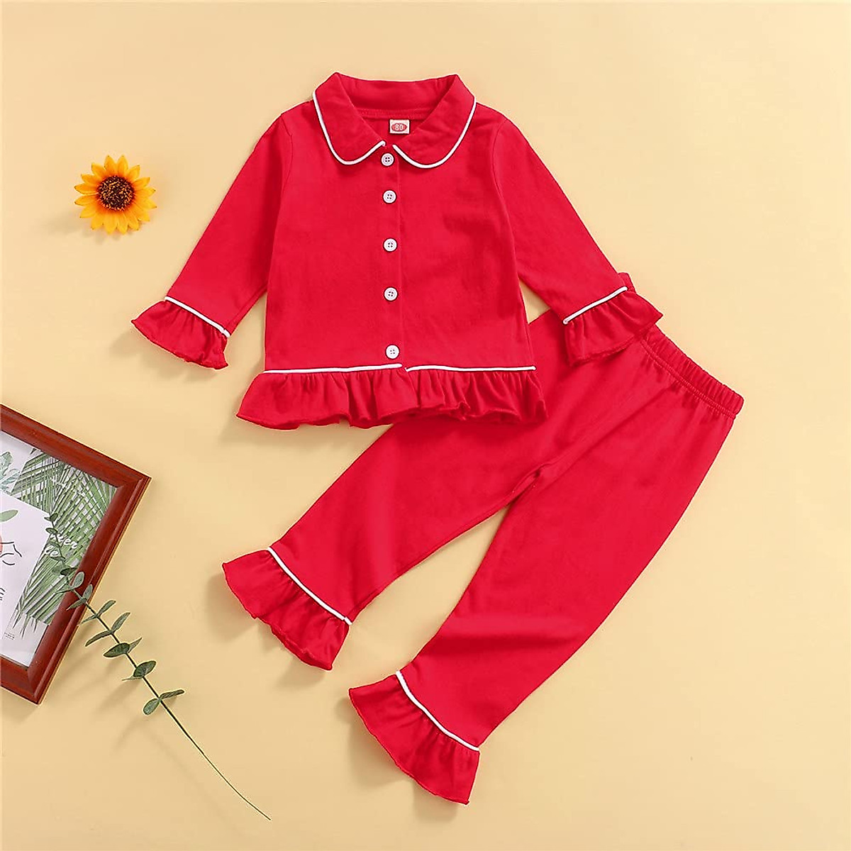 Ayalinggo Toddler Kids Baby Girl Solid Pjs Ruffle Long Sleeve Button Shirt Top and Pants Cotton 2Piece Pajamas Set (Red, 2-3T)