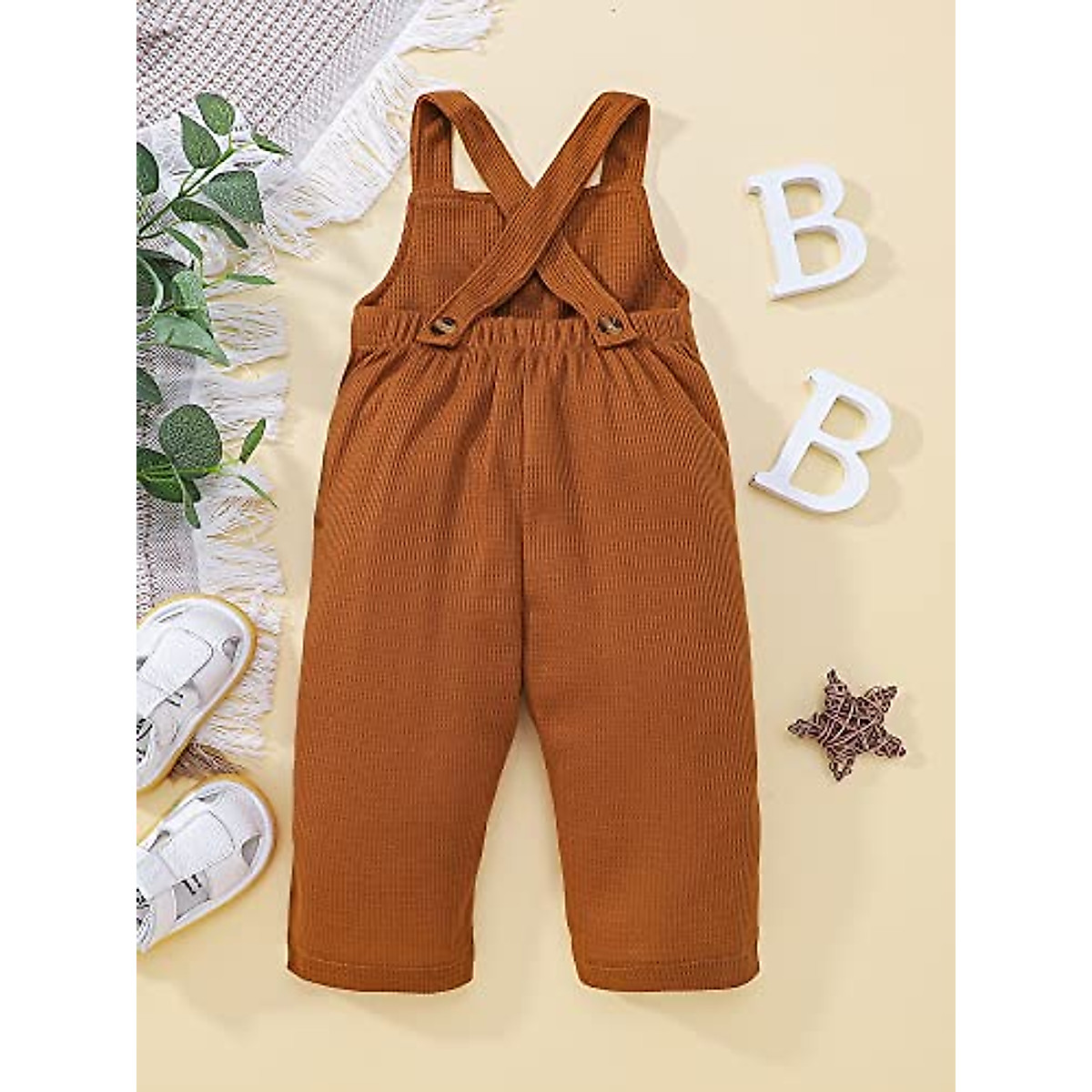 Infant Toddler Baby Girl Boy Overalls Striped Solid Waffle Bottom Pants Button Up Bodysuit Romper with Pockets (Brown , 3-4 Years )