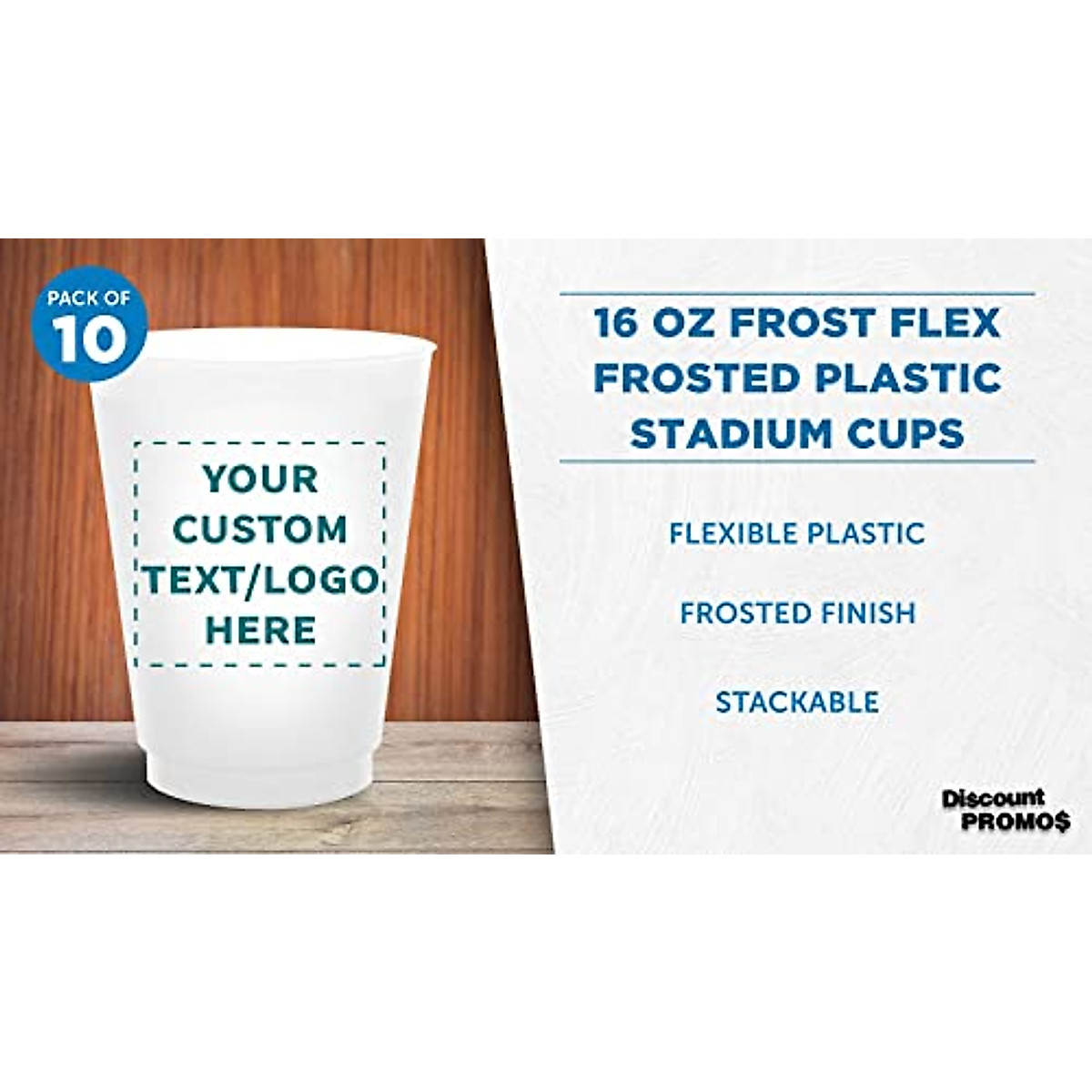 Custom Frosted Plastic Stadium Cups, 10 pack, Promotional Text, Logo, 16 oz. Shatterproof Flexible Reusable Party Cups, Pearl White