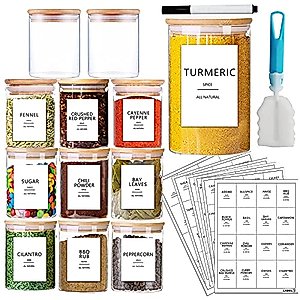 AISIPRIN 12 Pcs Glass Spice Jars with Bamboo Airtight Lids and 114 Labels - 9oz Small Food Storage Containers for Kitchen, Coffee, Herb - Marker and Brush Included