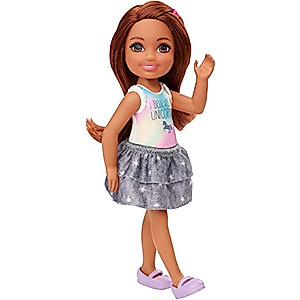 Barbie Club Chelsea Doll (6-inch Brunette) Wearing Unicorn-Themed Graphic and Star Skirt, for 3 to 7 Year Olds