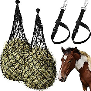 4 Pcs Slow Feed Hay Feeder for Horses, 2 x 2 Holes 40 Inch Length Goat Feed Hay Net Adjustable Nylon Hanging Strap Hay Bags for Horses Feed, Trailer and Stall, Reduce Waste, Black