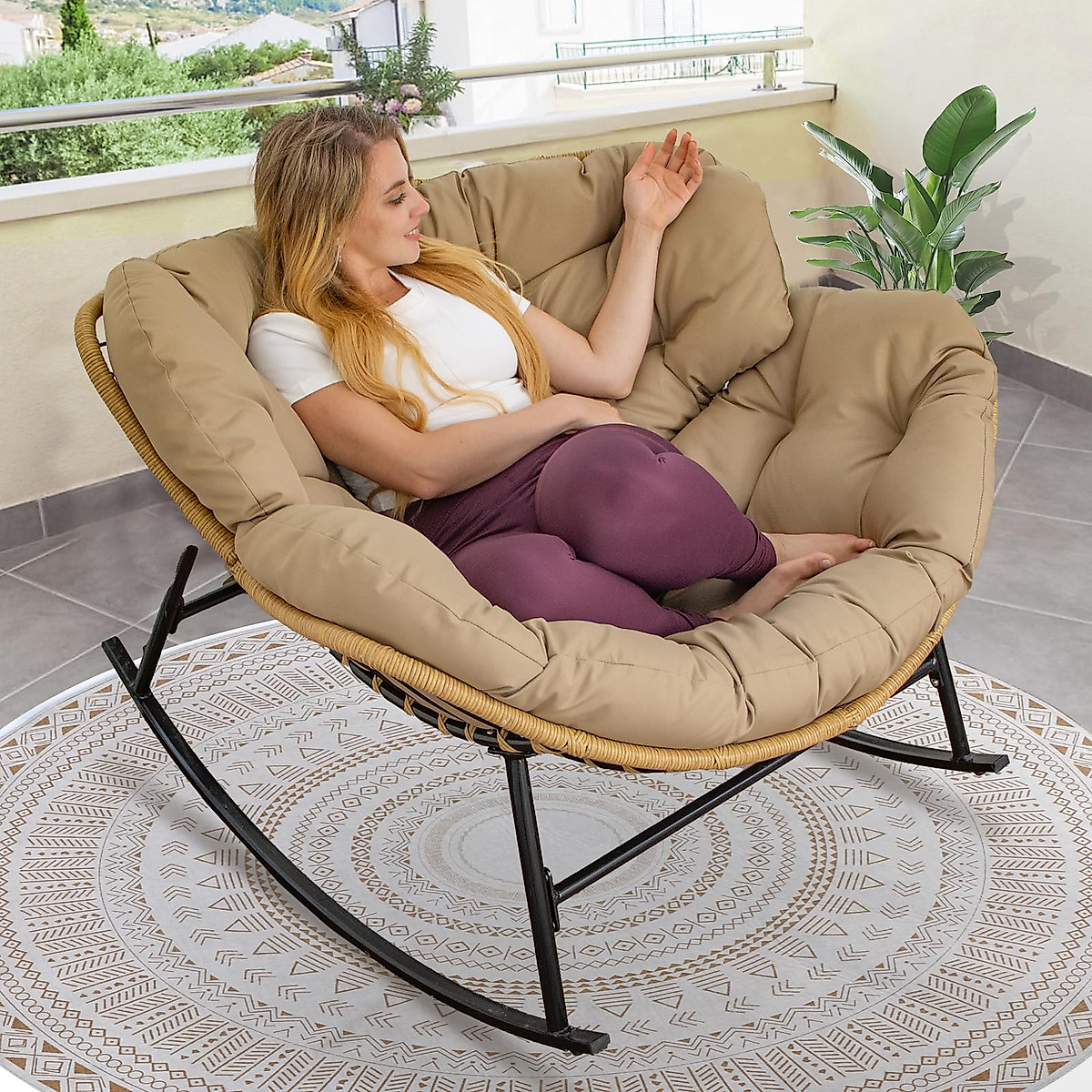 BULEXYARD Outdoor Papasan Rocking Chair with Padded Cushion, Oversized PE Rattan Comfy Royal Rocking Lounge Chair, Modern Comfy Patio Egg Chair Indoor Outdoor (1 pc, Brown)