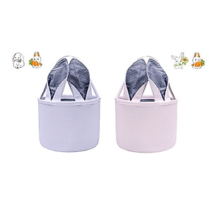 GFU Easter Basket, Seersucker Bunny Baskets for Kids, Eggs Hunt Bag with 2pcs Stickers, Cute Rabbit Ears Stripe Storage Bag, Children Personalized Easter Gifts