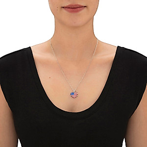 PalmBeach Silvertone Round Red White and Blue Crystal American Flag Heart Pendant (16mm) with 18 inch Chain