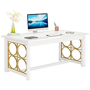 LITTLE TREE 63-inch White Executive Desk, Modern Office Desk with Stable Gold Metal Legs, Large Office Computer Desk, Home Office Business Furniture, Glossy White