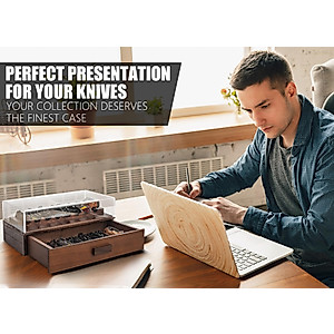 Pocket Knife Display Case for 16 Knives - Wooden Knife Collection Case Clear Cover - Two-Tier Knife Cases for Collections with a Removable Drawer Insert for Other EDC Items, EDC Case - Brown
