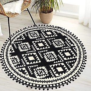 HAOCOO Round Area Rugs with Pom Pom Ball Fringe Boho Geometric Throw Rugs Non-Slip Soft Velvet Black and Beige Floor Carpet for Bedroom Living Room Nursery Decor(4ft)