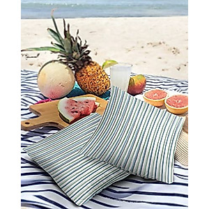 Waterproof Outdoor Pillow Covers, Teal Blue Grey Striped Decorative Pillow Cases, Hand Drawn White Modern Art Aesthetics Square Garden Throw Cushion Cases for Patio/Sofa/Couch 18"x18" 2 Pack