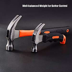 ZUZUAN 2 Piece Hammer Set,includes 1 Pack 8 OZ Mini Stubby Claw Hammer and 1 Pack 16 OZ Fiberglass General Purpose Claw Hammer,Soft Nonslip Handle & Heat Treated Head,Heavier for Higher Hardness