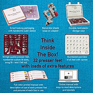 Madam Sew Presser Foot Set 32 Piece Set | The ONLY Sewing Machine Presser Foot Kit with Manual and Deluxe Storage Case | Numbered Slots for Organization | Compatible with Most Sewing Machines