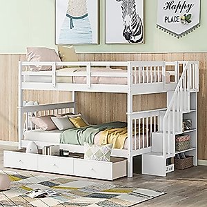 BIADNBZ Full Over Full Bunk Bed with Stairs Storage and Three Drawers, Detachable Stairway Wooden Bunkbeds Frame w/Guard Rail, for Kids Teens Adults Bedroom, White