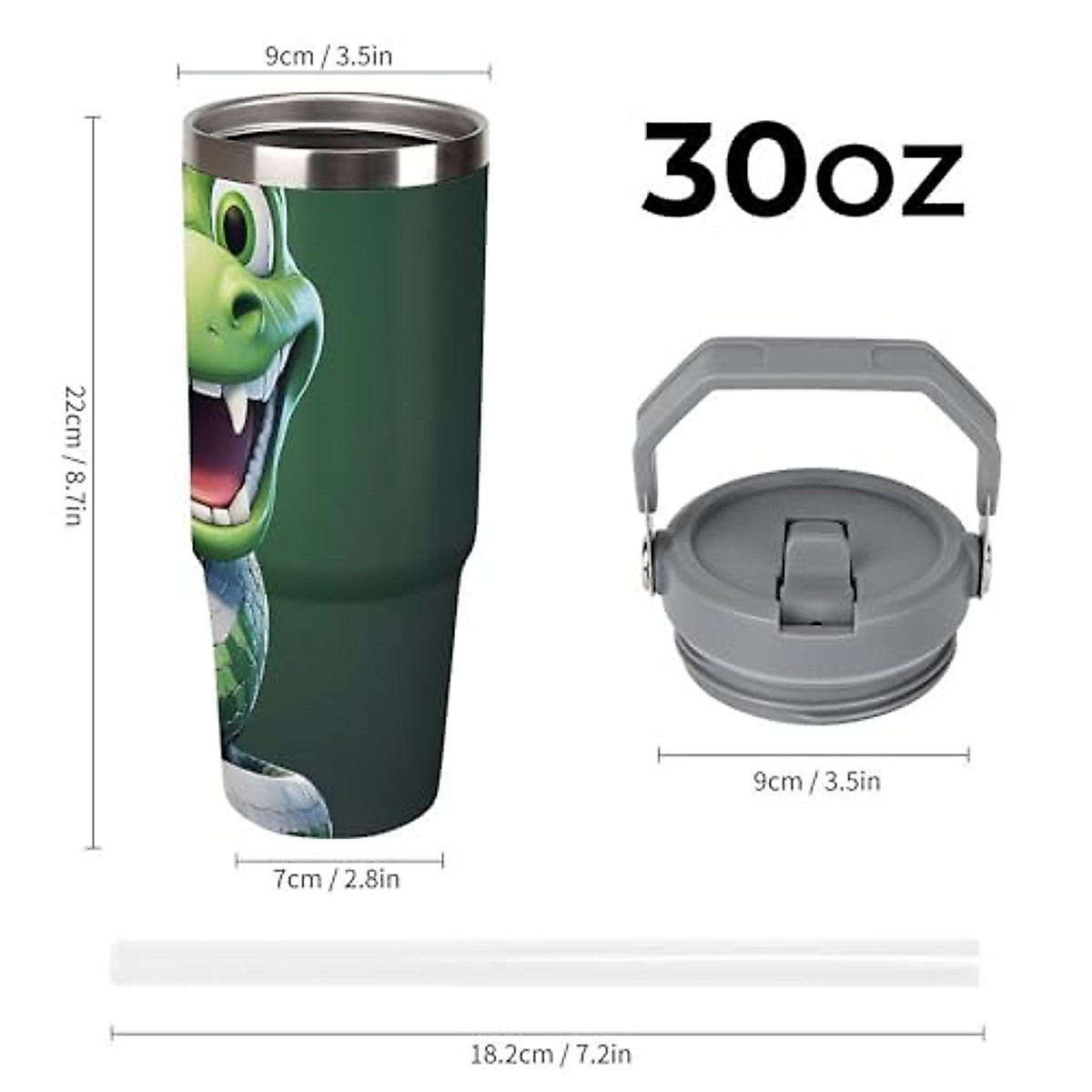 RTFGHJS Cartoon Snake Green 30 Oz Tumbler with Handle And Flip Straw, Stainless Steel Vacuum Insulated Travel Mug, Thermal Cup for Coffee, Water, Iced Drinks, Fits Car Cup Holders (Home, Sports)